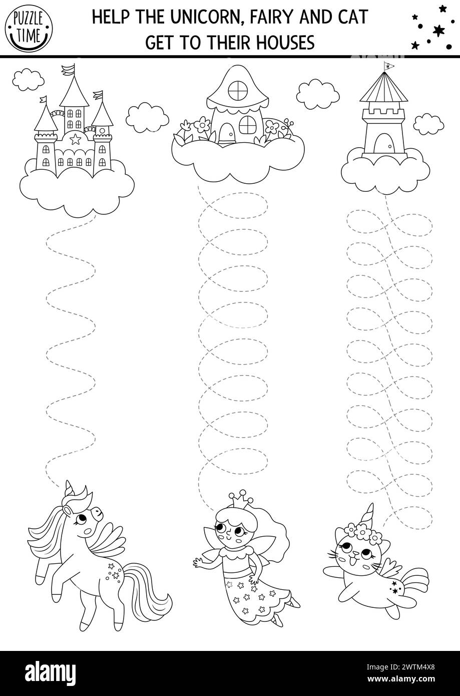 Vector handwriting practice worksheet with unicorn, fairy, cat and ...
