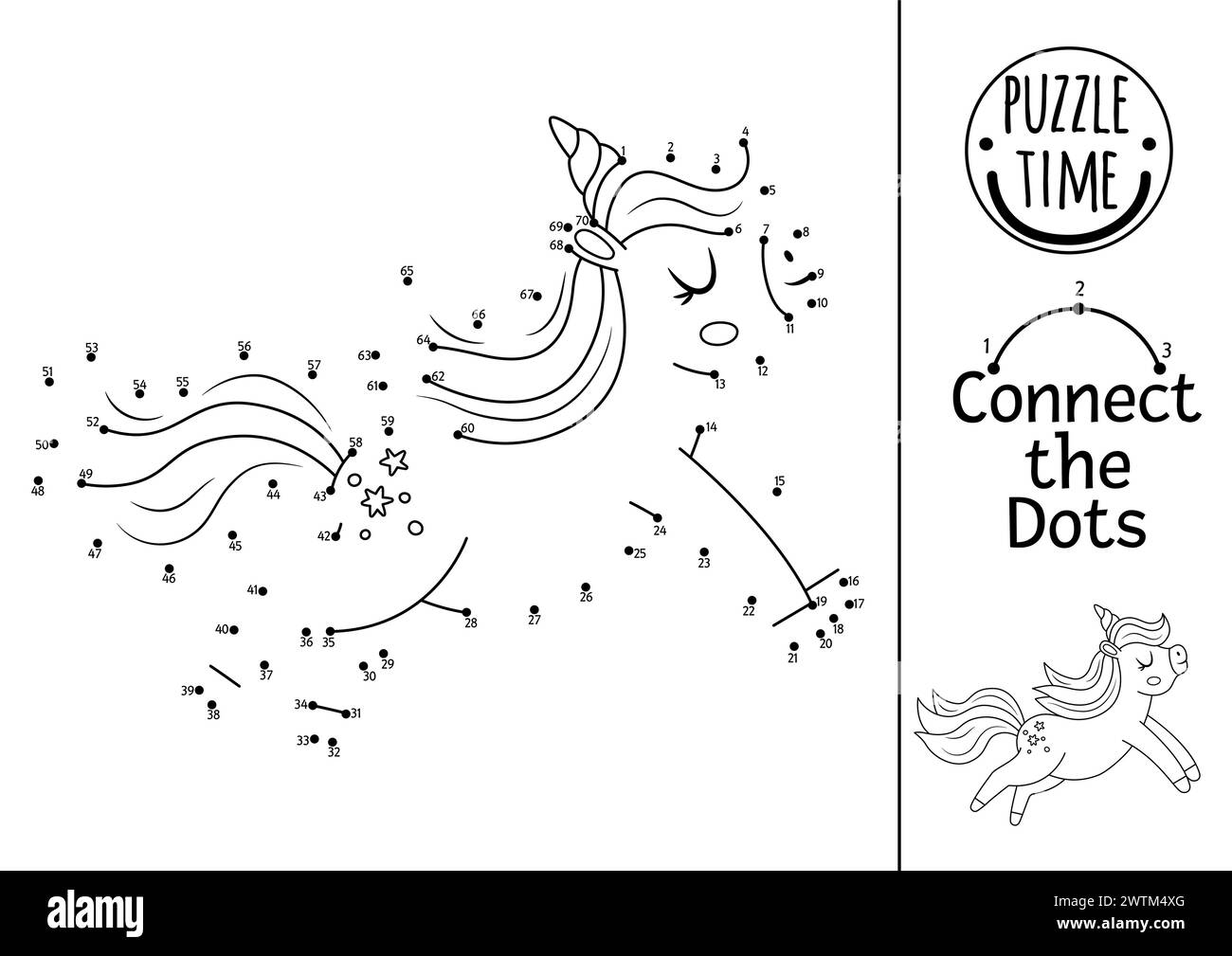 Vector dot-to-dot and color activity with running unicorn. Fairytale ...