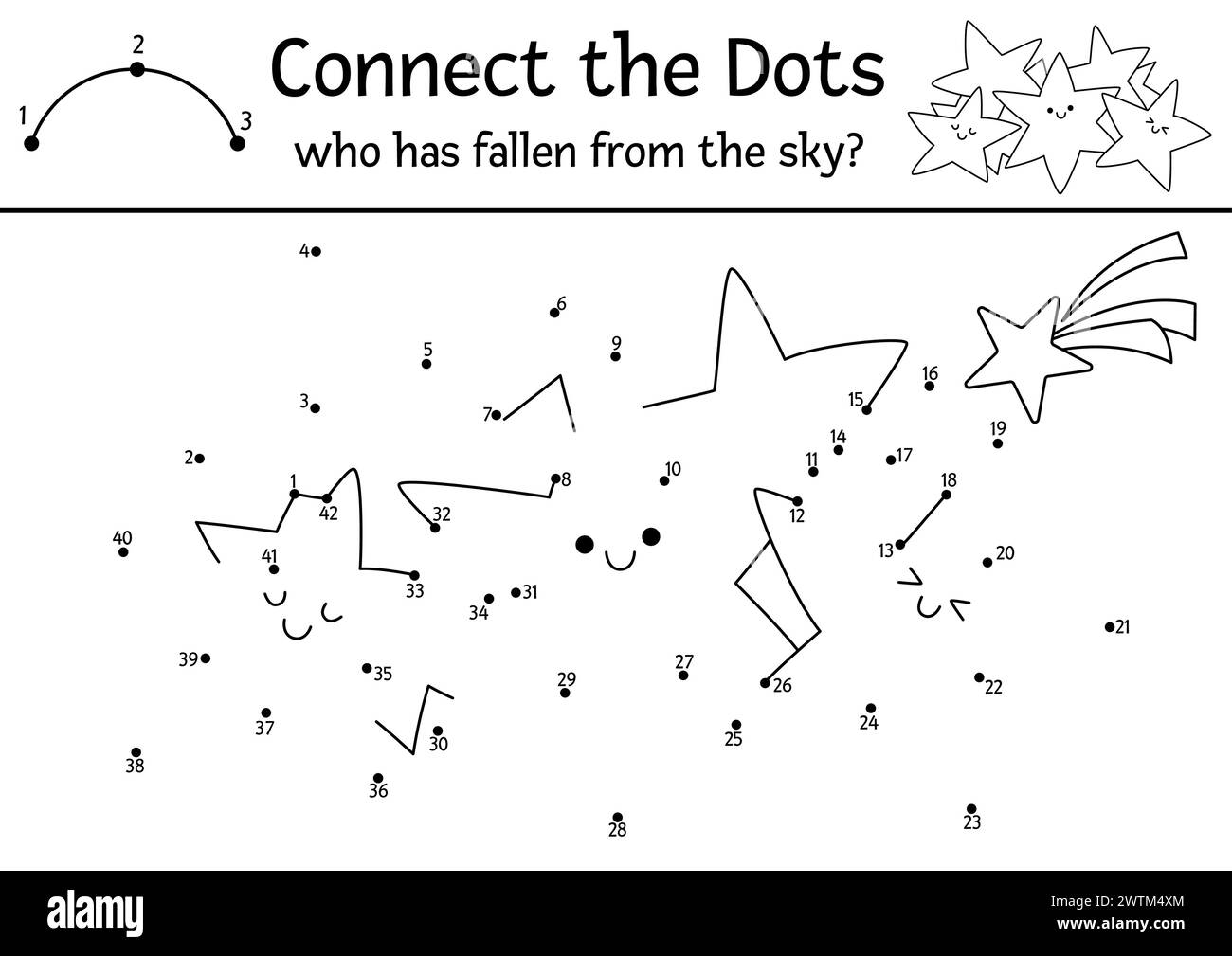 Vector dot-to-dot and color activity with smiling falling stars ...