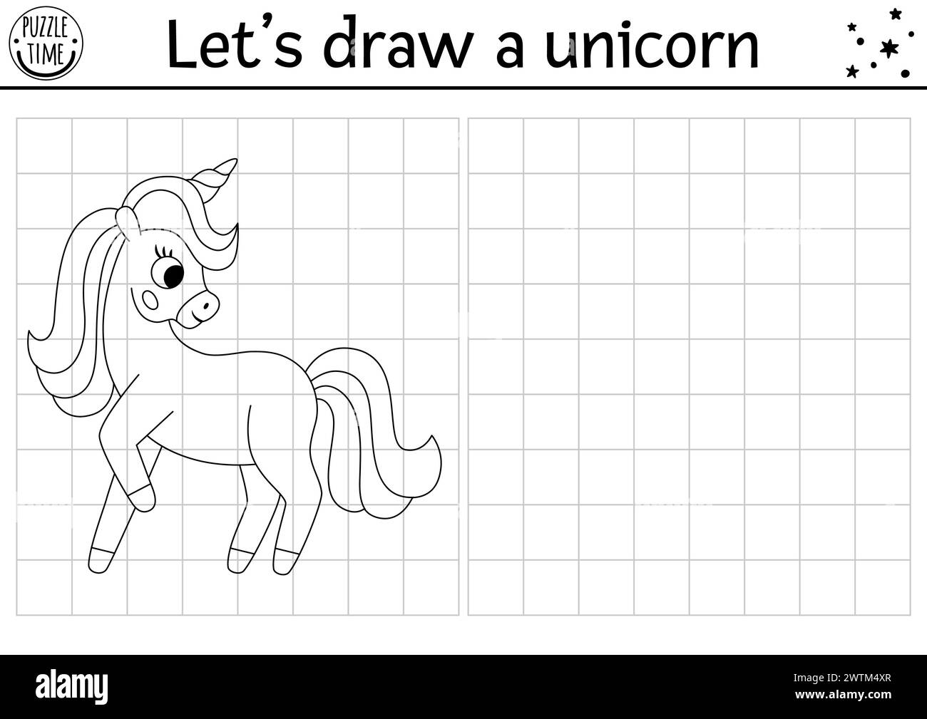 Draw the unicorn. Vector Fairytale drawing practice worksheet with cute ...