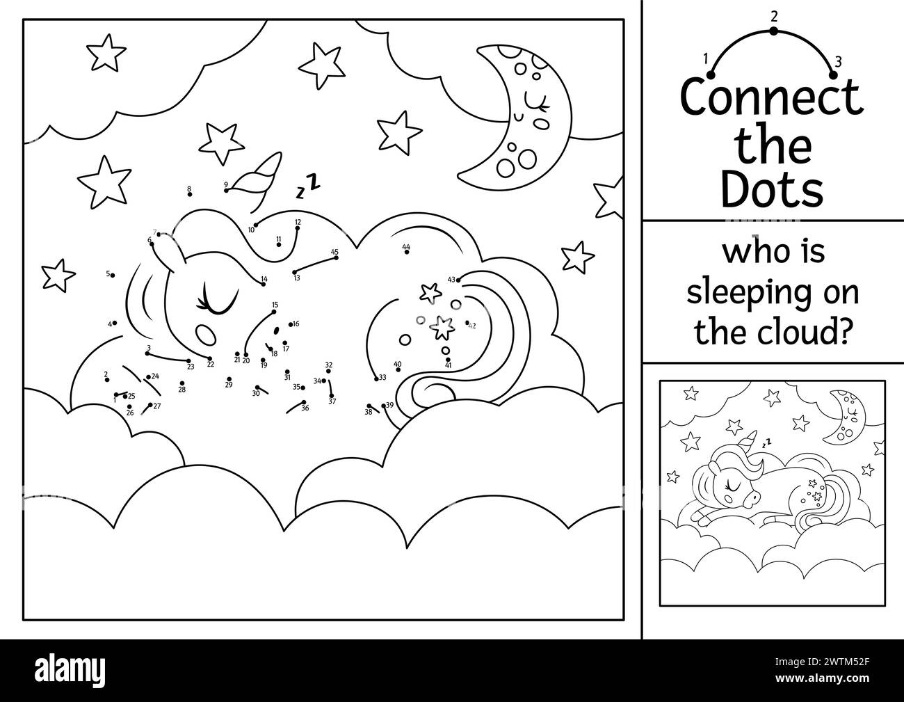 Vector dot-to-dot and color activity with unicorn sleeping on cloud ...