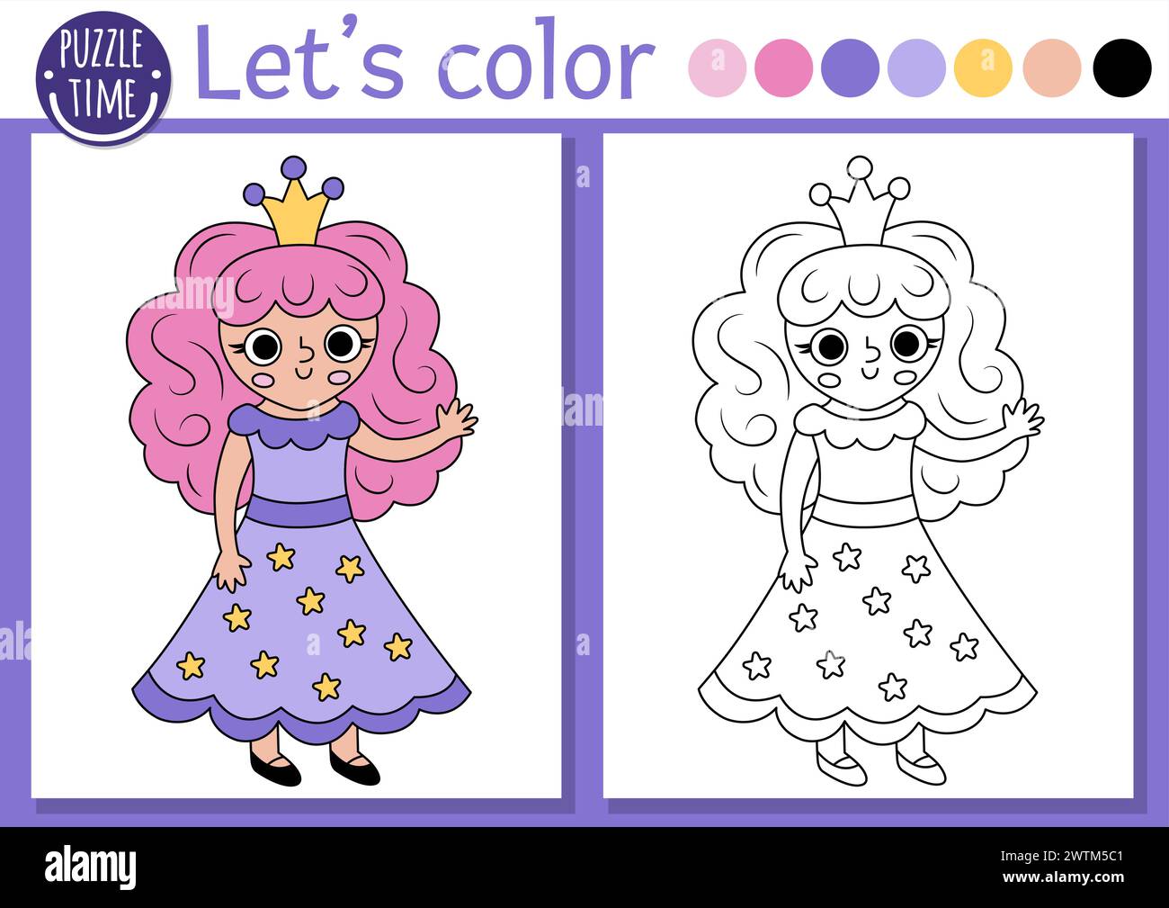 Coloring page for children with fairy girl, crown. Vector fairytale ...