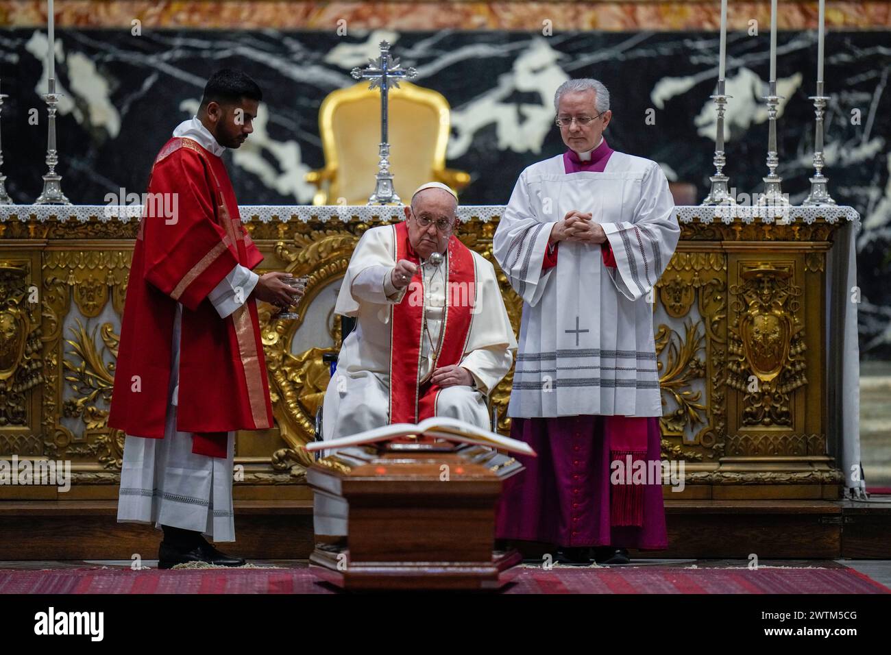 Pope Francis blesses the casket during the funeral mass for late ...
