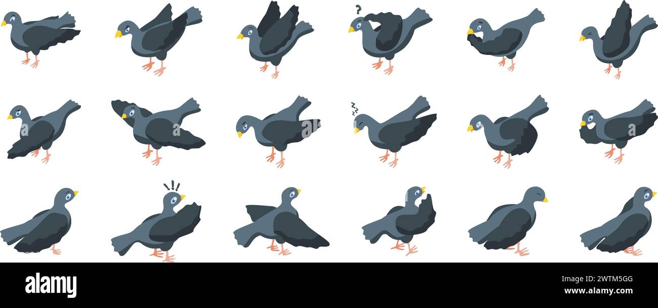 Pigeon mascot icons set isometric vector. Angry bird. Dove funny ...