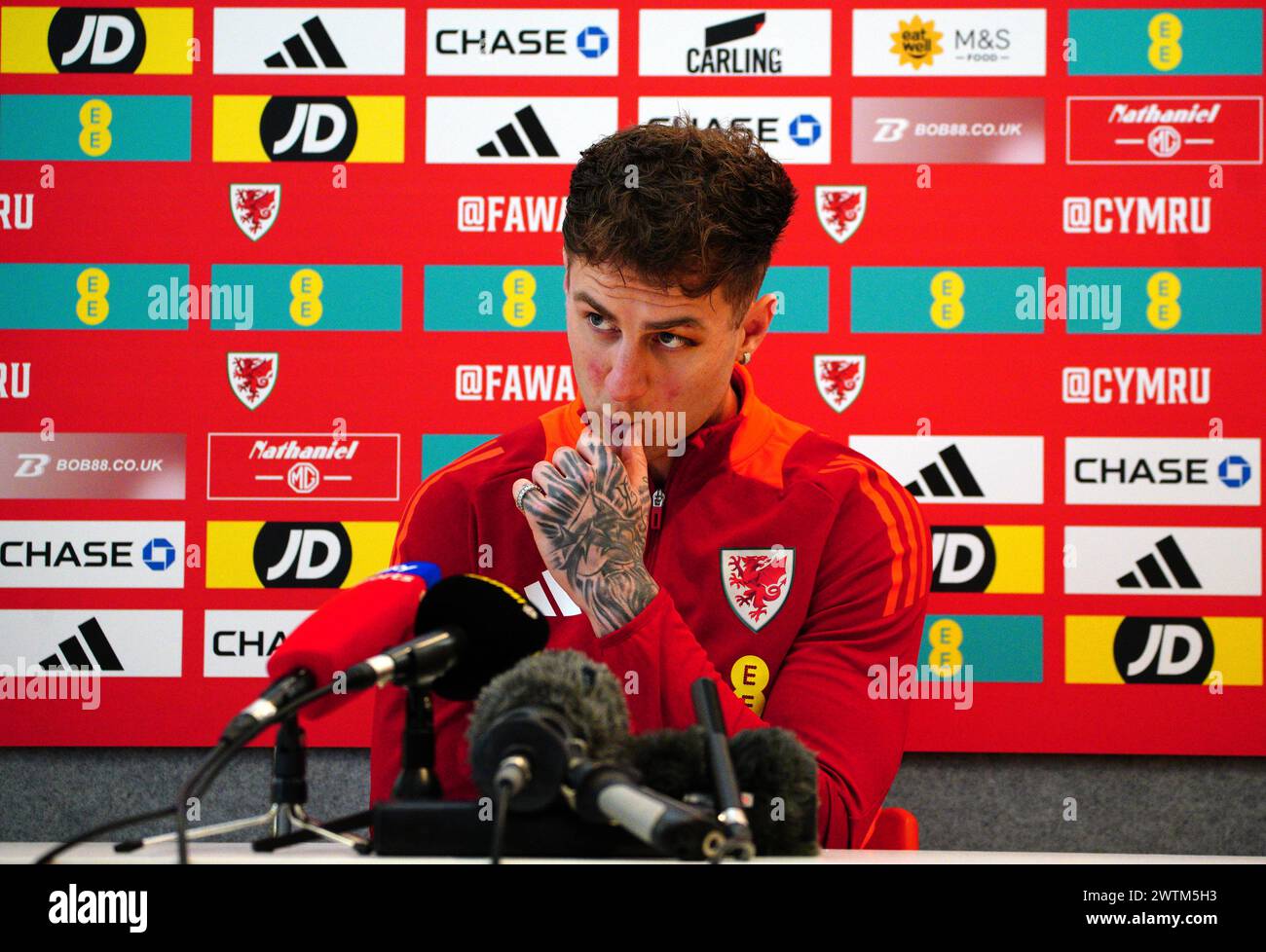 Wales' Joe Rodon during a press conference at St. Fagans National ...