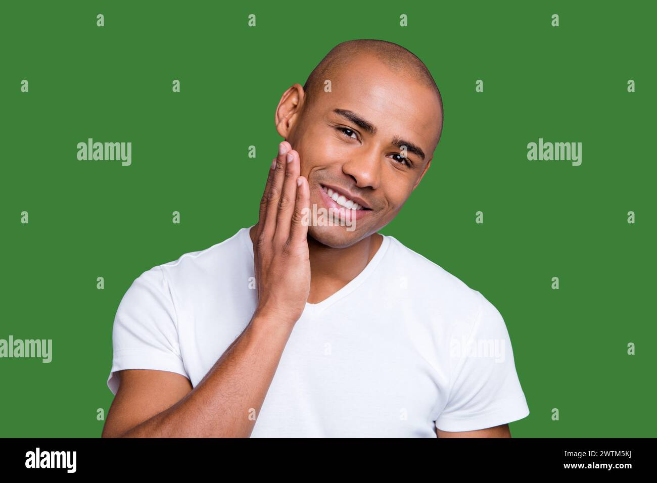 Close up photo glad dark skin he him his macho expertising checking ...