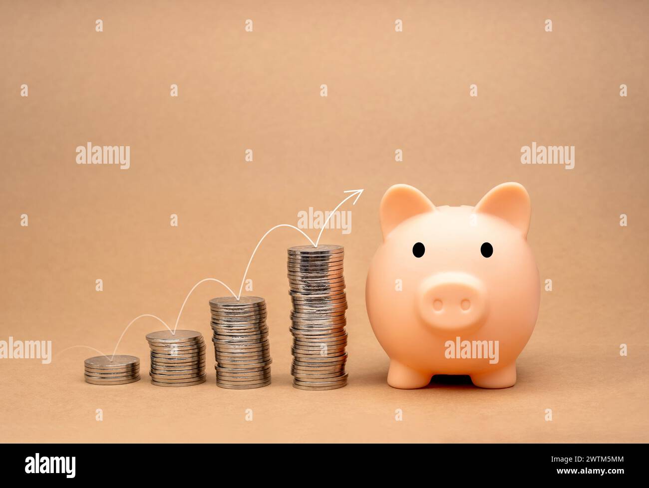 White thin line arrow jumping on coin stacks graph step to the cute ...