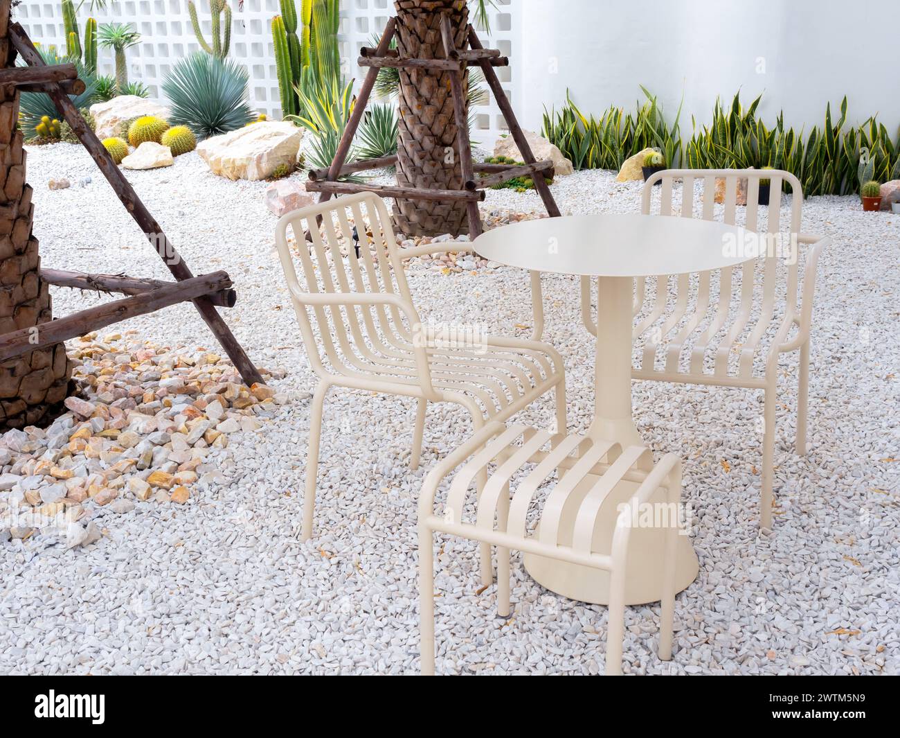 Modern minimal table set, round table, bench and armchair seat, stripes ...