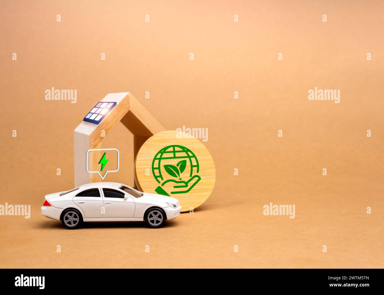 Sustainability at home concept. White EV car, solar panels being ...