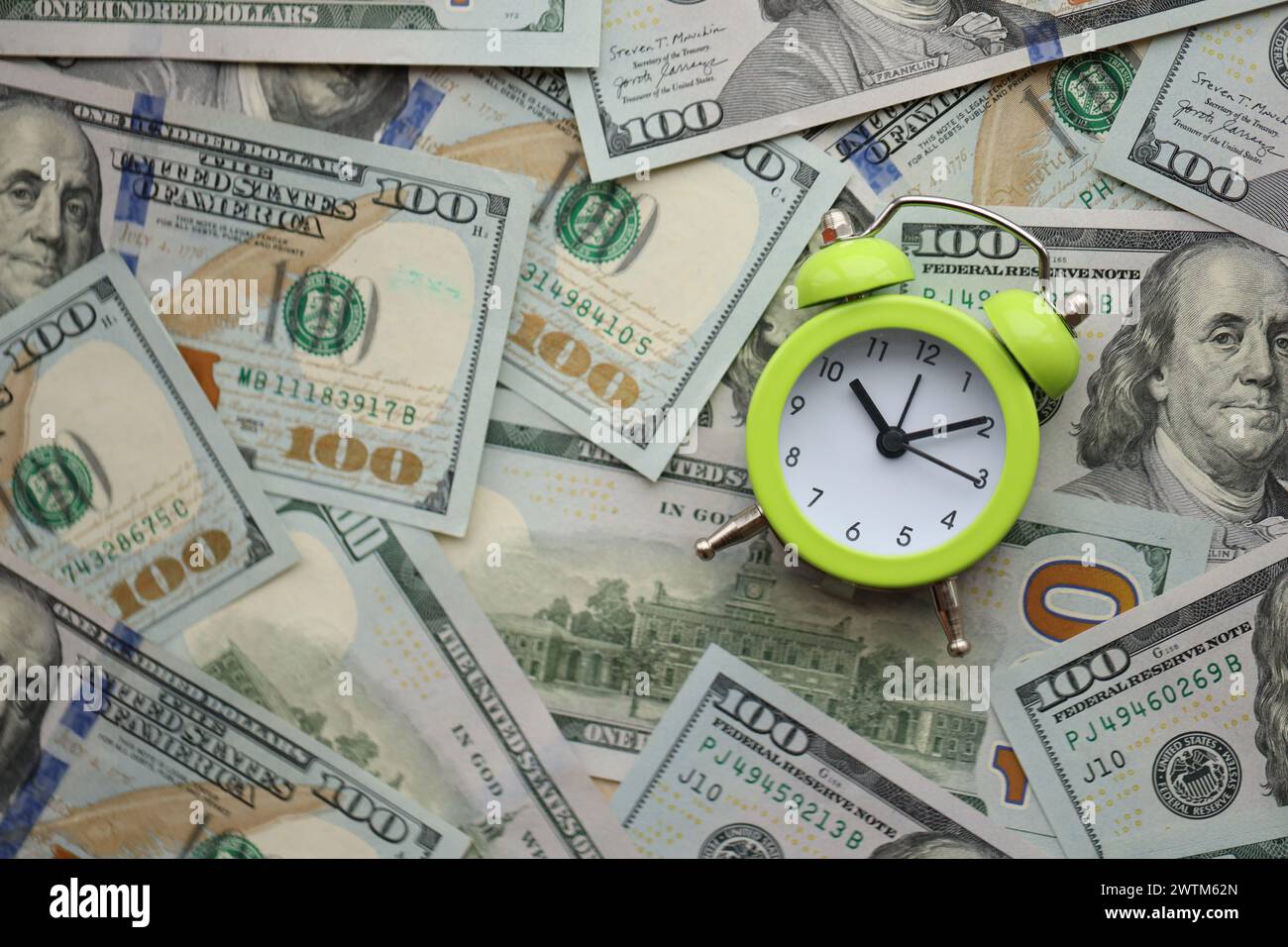Alarm clock on hundred dollar bills banknotes. Background of time ...