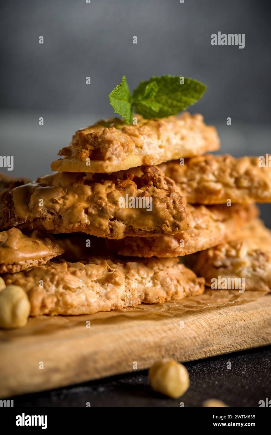 Cookies with hazelnuts. Crispy cookies of a rectangular shape with nuts ...