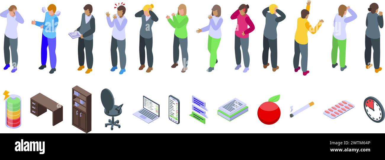 Info stress icons set isometric vector. Overload information. Mental ...