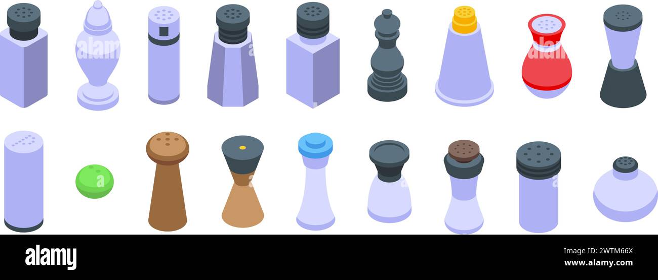 Pepper shaker icons set isometric vector. Glass mill cap. Salt kitchen ...