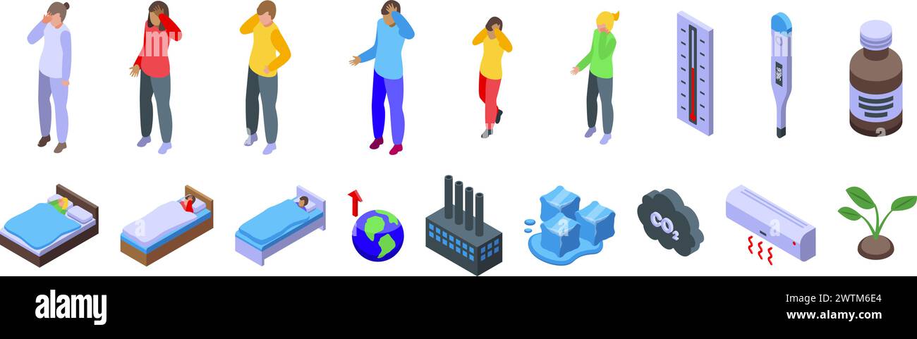 Raised temperature icons set isometric vector. Global warming. Earth ...