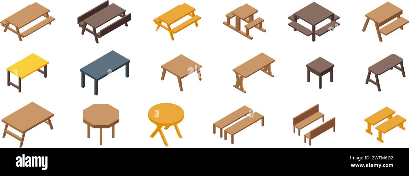 Wooden table picnic icons set isometric vector. Empty garden park ...