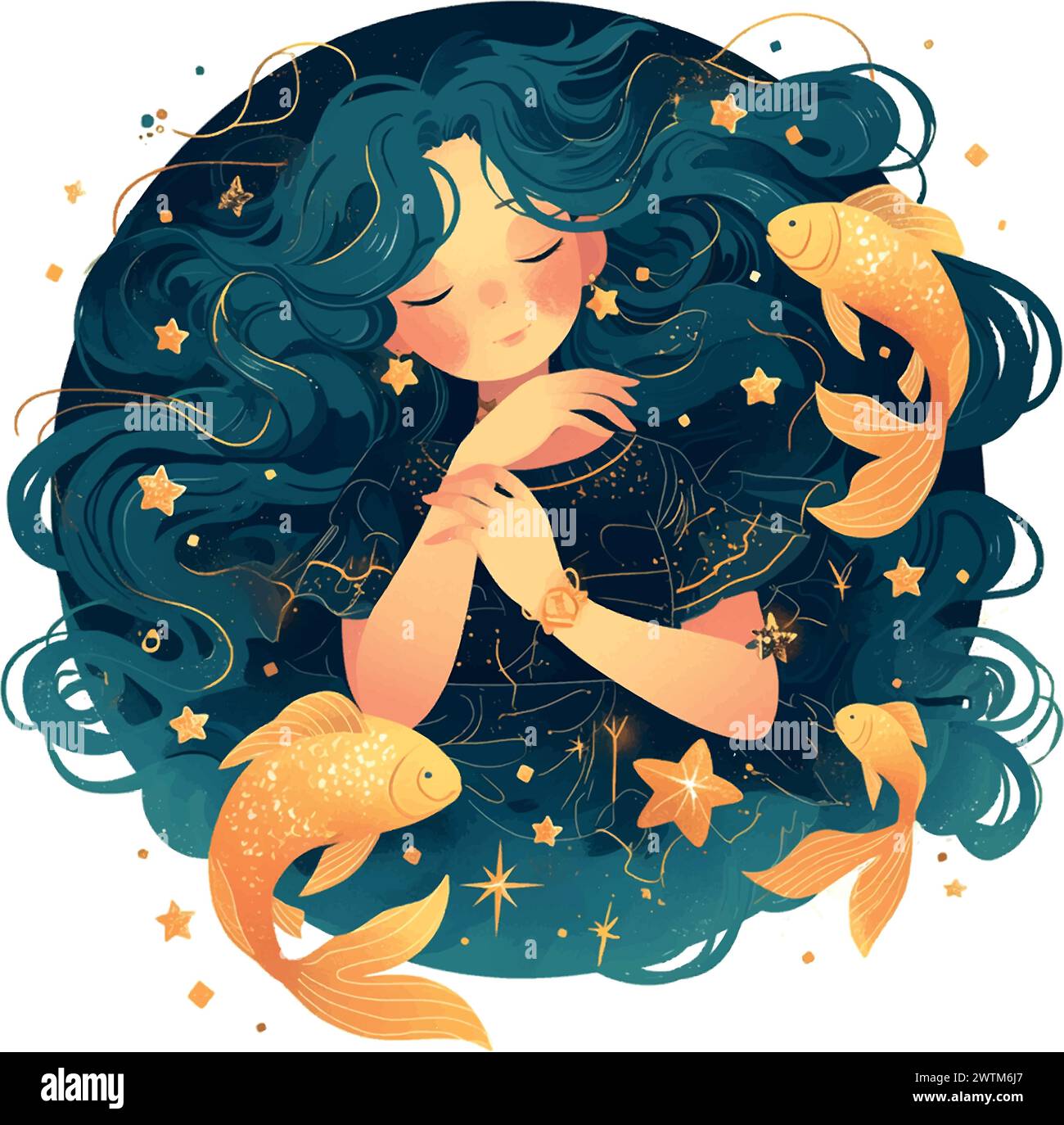 zodiac sign Pisces with golden stars illustration on white background ...