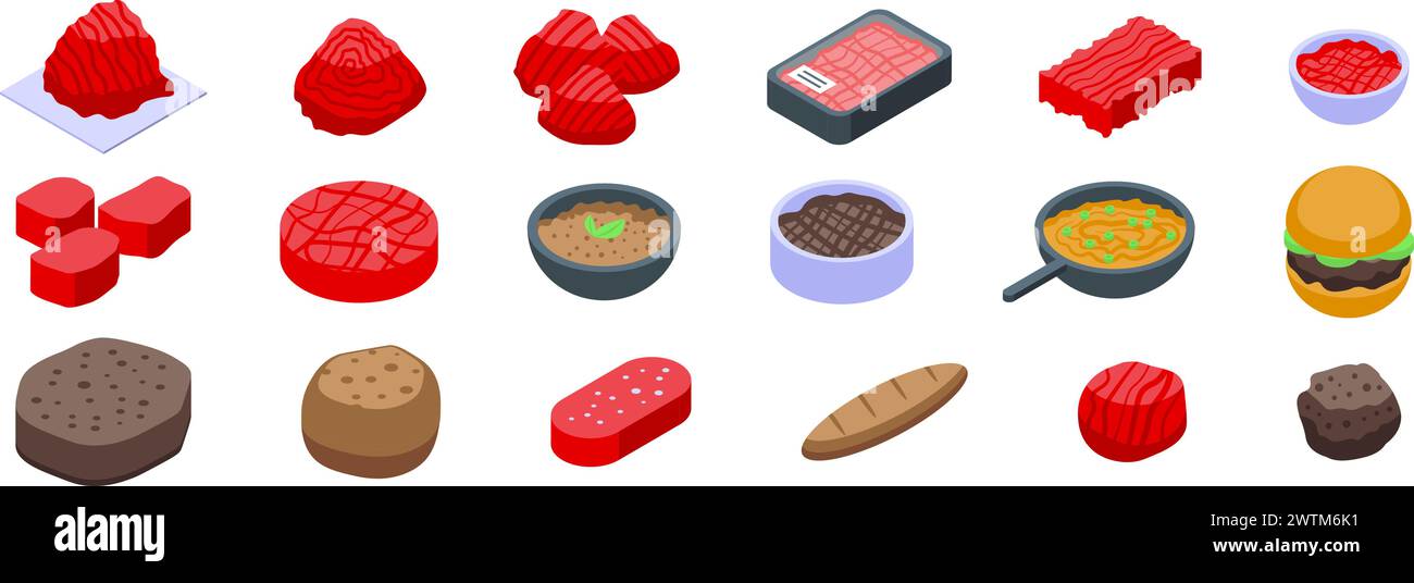 Minced meat icons set isometric vector. Spicy beef. Cooking dinner food ...