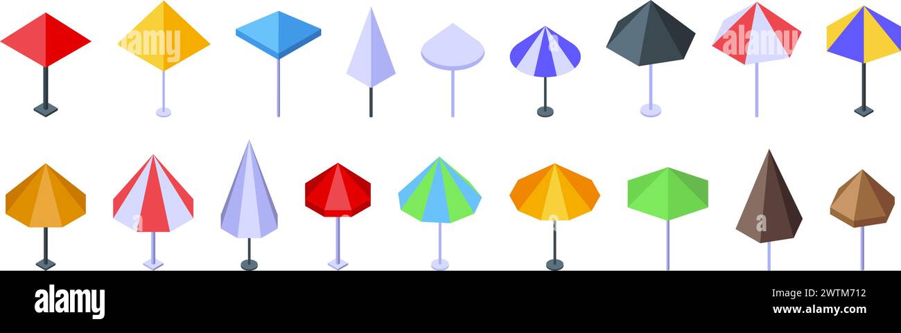 Outdoor cafe umbrella icons set isometric vector. Restaurant design ...