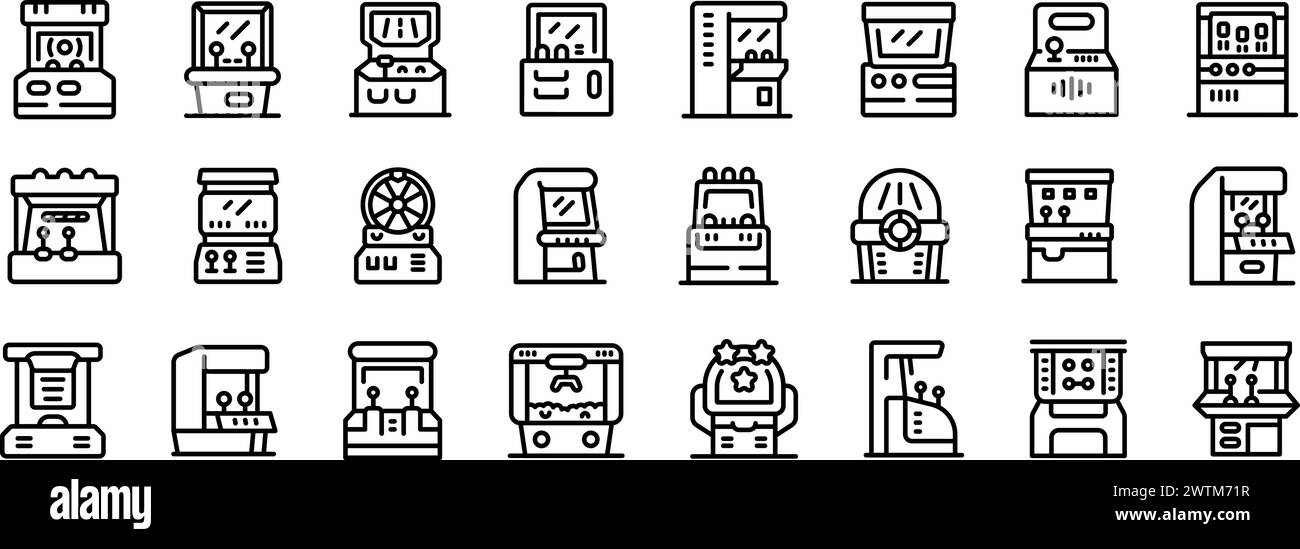 Retro arcade video game screen machine icons set outline vector. Computer console. Button gamer ...