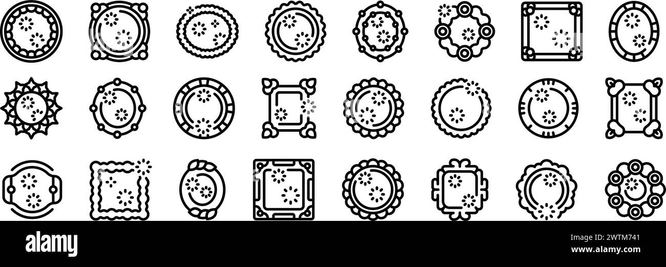 Scallop frame icons set outline vector. Ellipse rectangle. Wave border ...