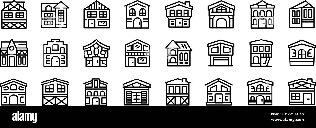 Traditional german houses icons set outline vector. Medieval village ...
