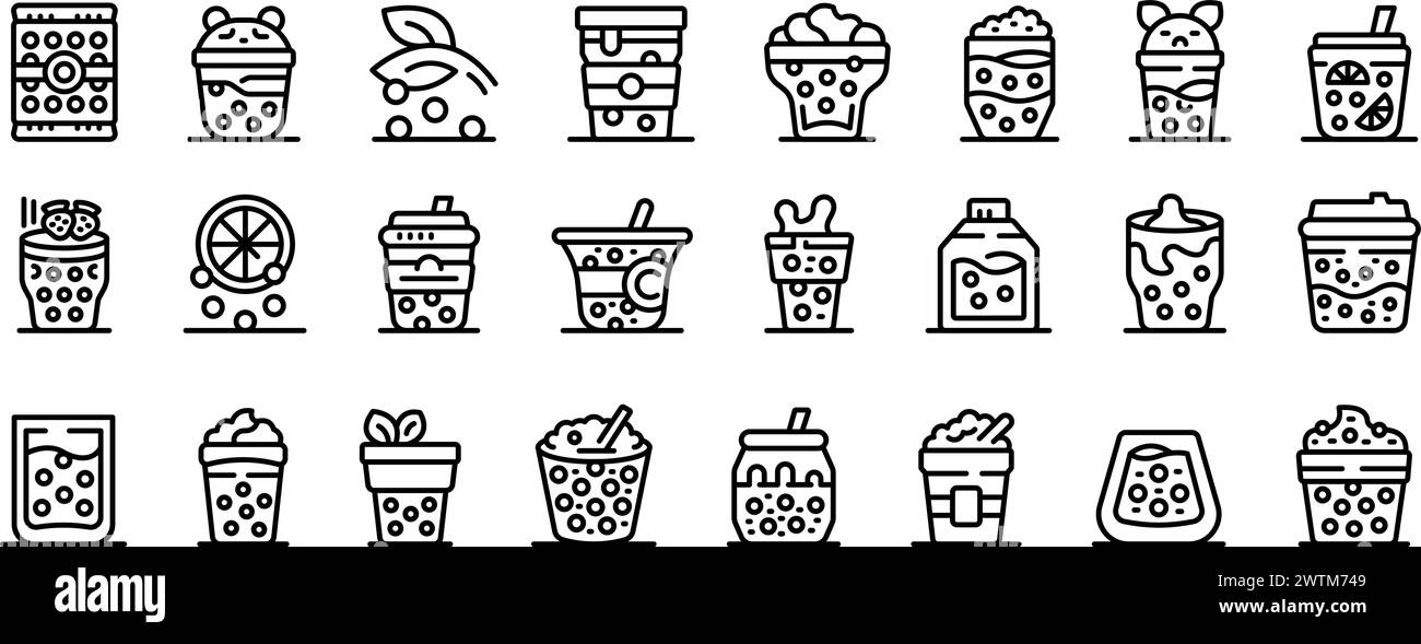 Boba icons set outline vector. Bubble cup drink. Chocolate berry fruit ...