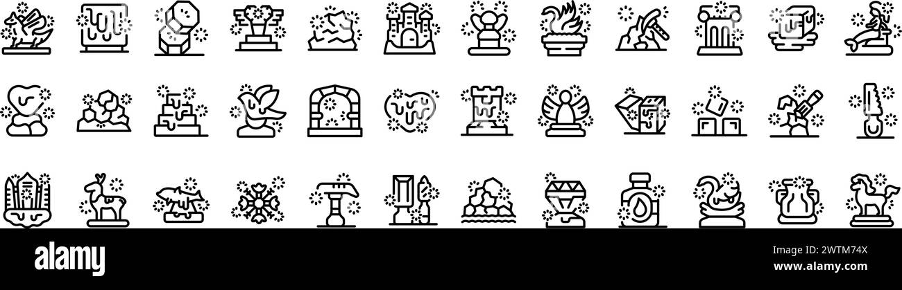 Ice sculpture icons set outline vector. Medieval castle. Animals statue ...