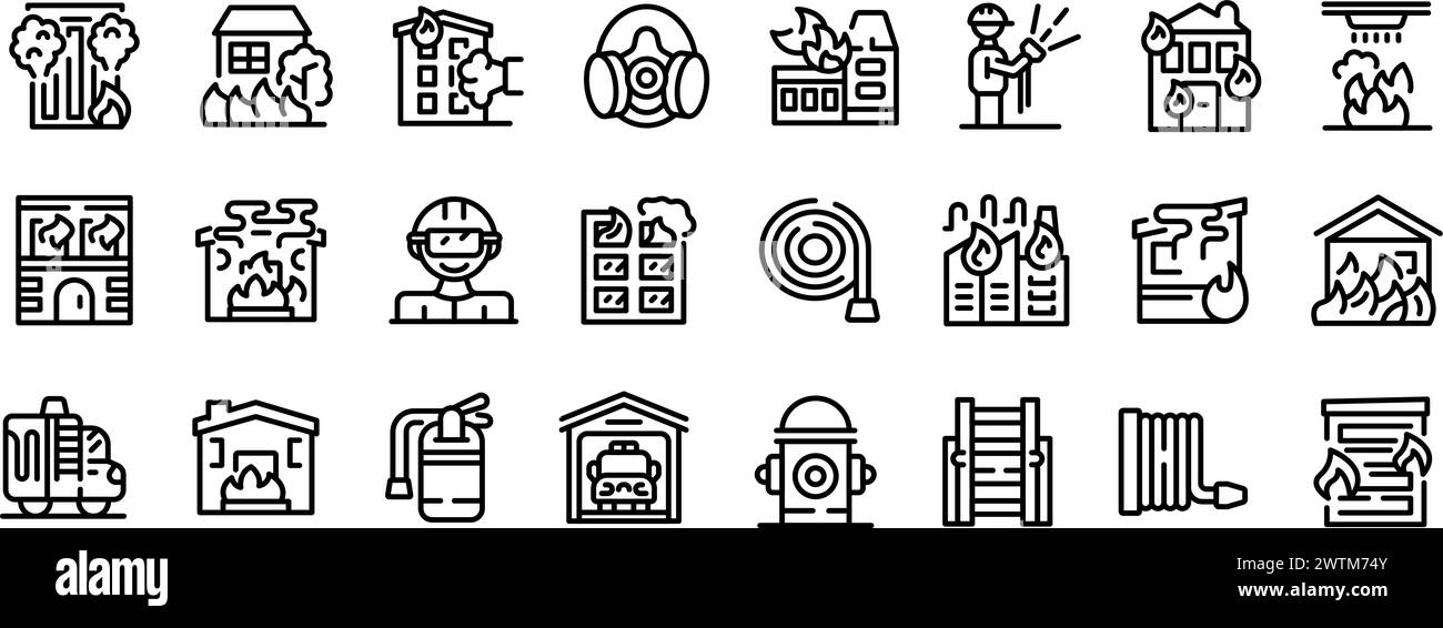 Burning building icons set outline vector. Stew flame vehicle. Rescue ...