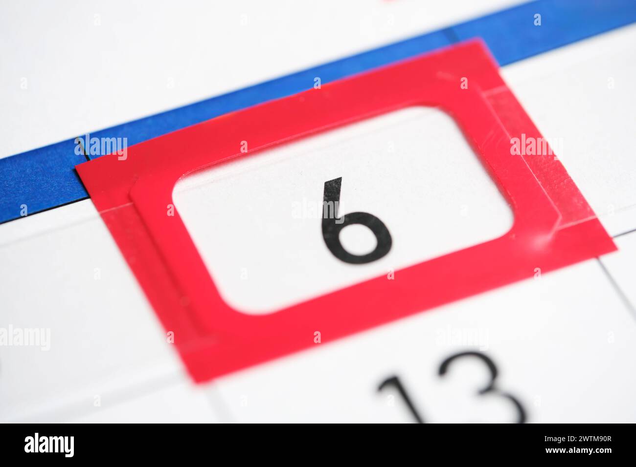 Calendar date. The 6th number the calendar is highlighted in a red ...