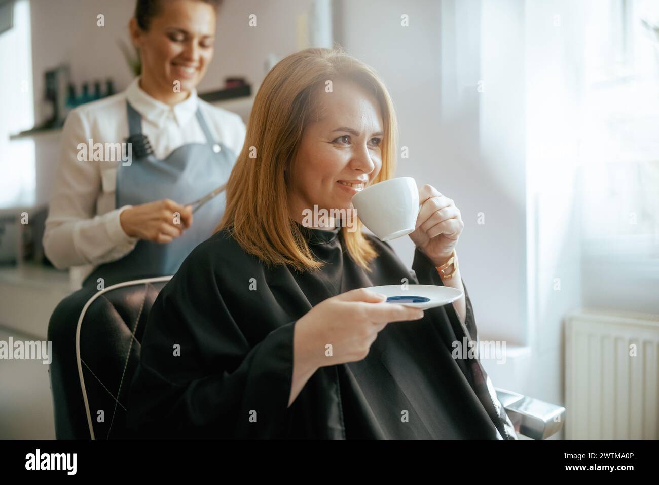 female hairdresser in modern beauty salon with scissors cutting hair ...
