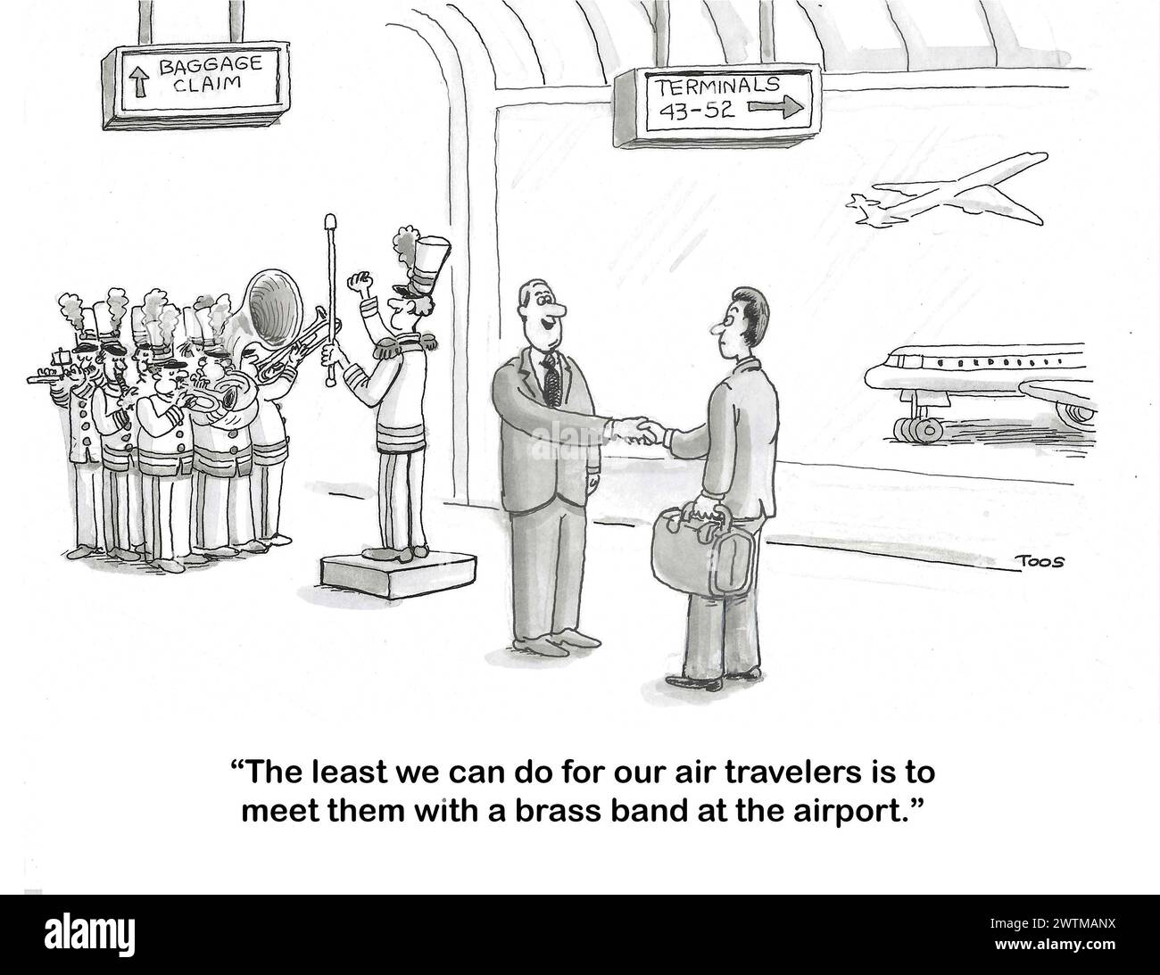 BW cartoon of a brass band greeting an airport traveler Stock Photo - Alamy