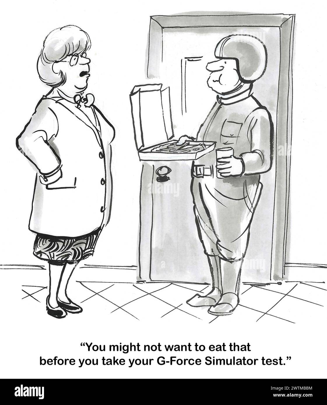 BW cartoon of an astronaut applicant eating pizza before his G-Force ...
