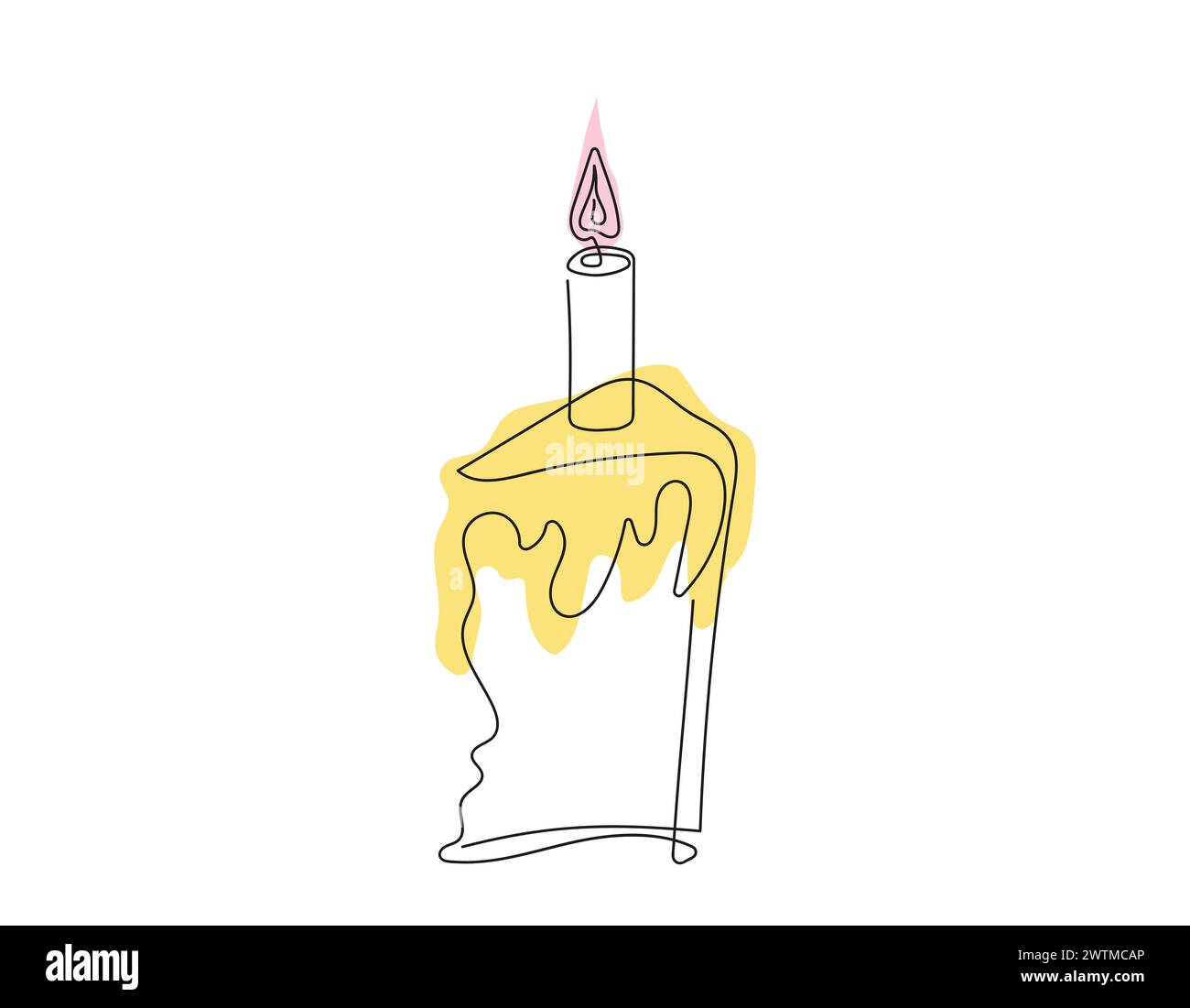 Continuous one line drawing of Easter Kulich cake with lit candle. Slice of Birthday cupcake ...