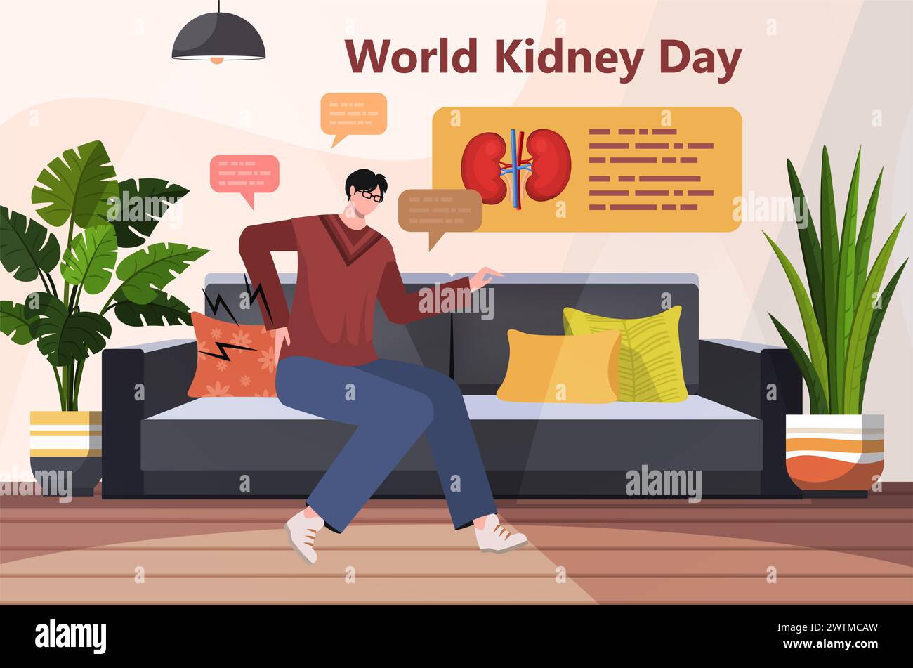 World kidney day. A young man in casual clothes is sitting on a couch ...