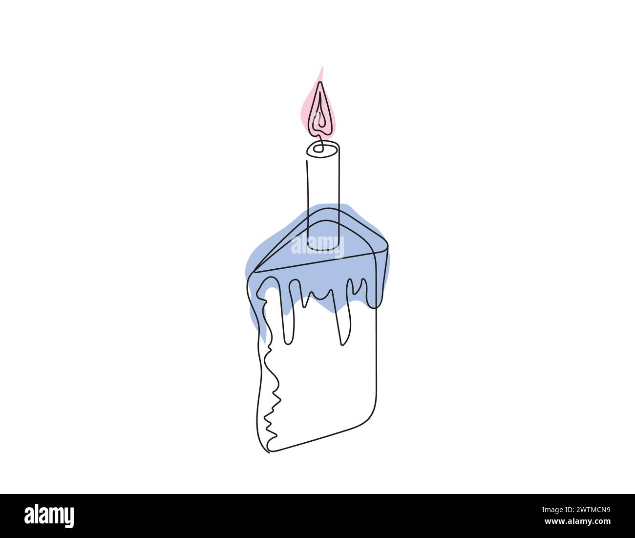 Continuous one line drawing of Easter Kulich cake with lit candle. Slice of Birthday cupcake ...
