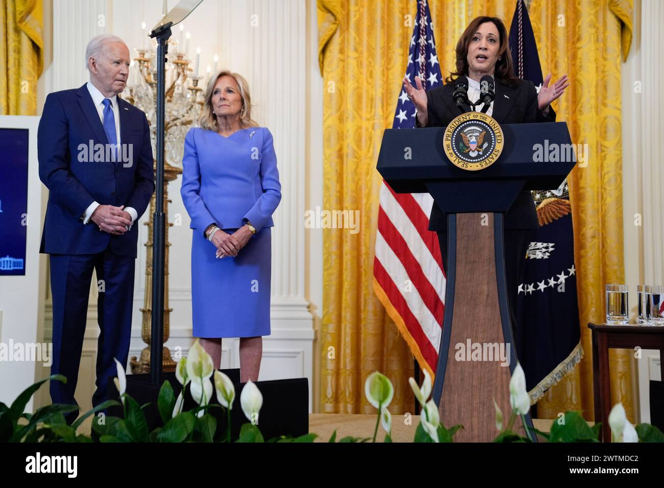 Vice President Kamala Harris speaks during a Women's History Month ...