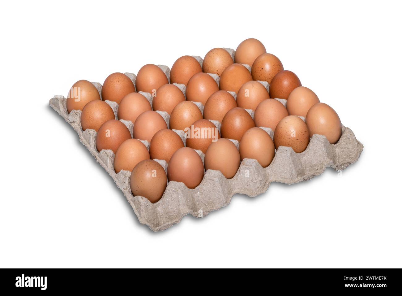 Chicken eggs in a cardboard package. 30 raw eggs in paper egg panel ...