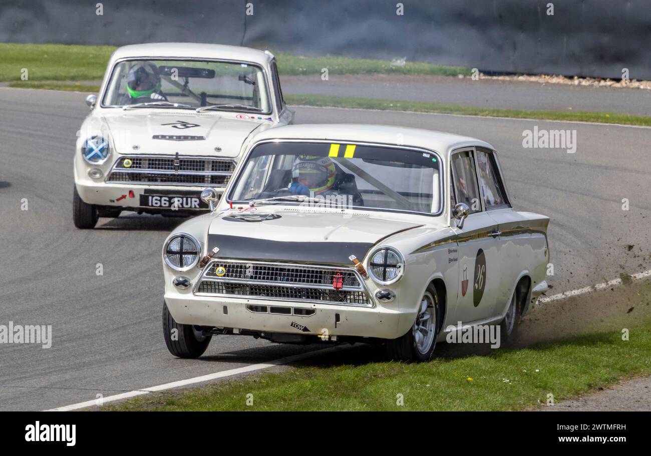 Mark Blundell slides wide in his 1964 Ford-Lotus Cortina MkI during the ...