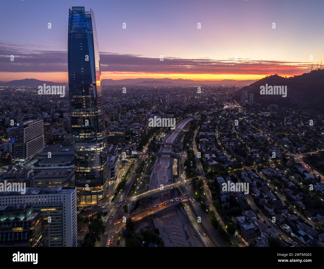 Beautiful aerial Night view of the city of Santiago de Chile, is ...