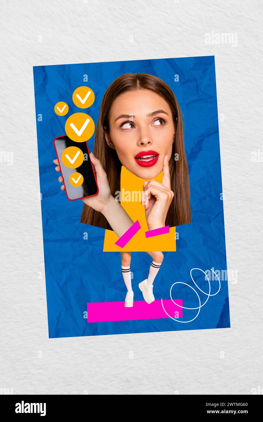Vertical photo collage of happy thoughtful lady hold new iphone amazed user screen check mark ...