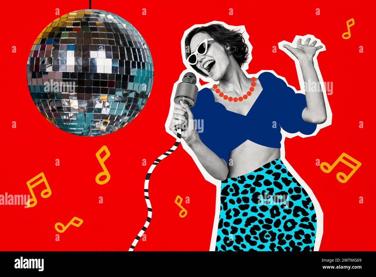 Collage artwork picture of cheerful happy woman singing song karaoke ...