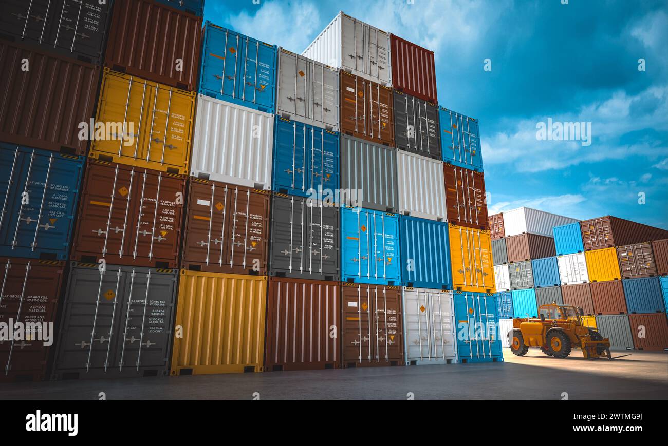 3d render, stacked shipping containers in a commercial freight yard ...