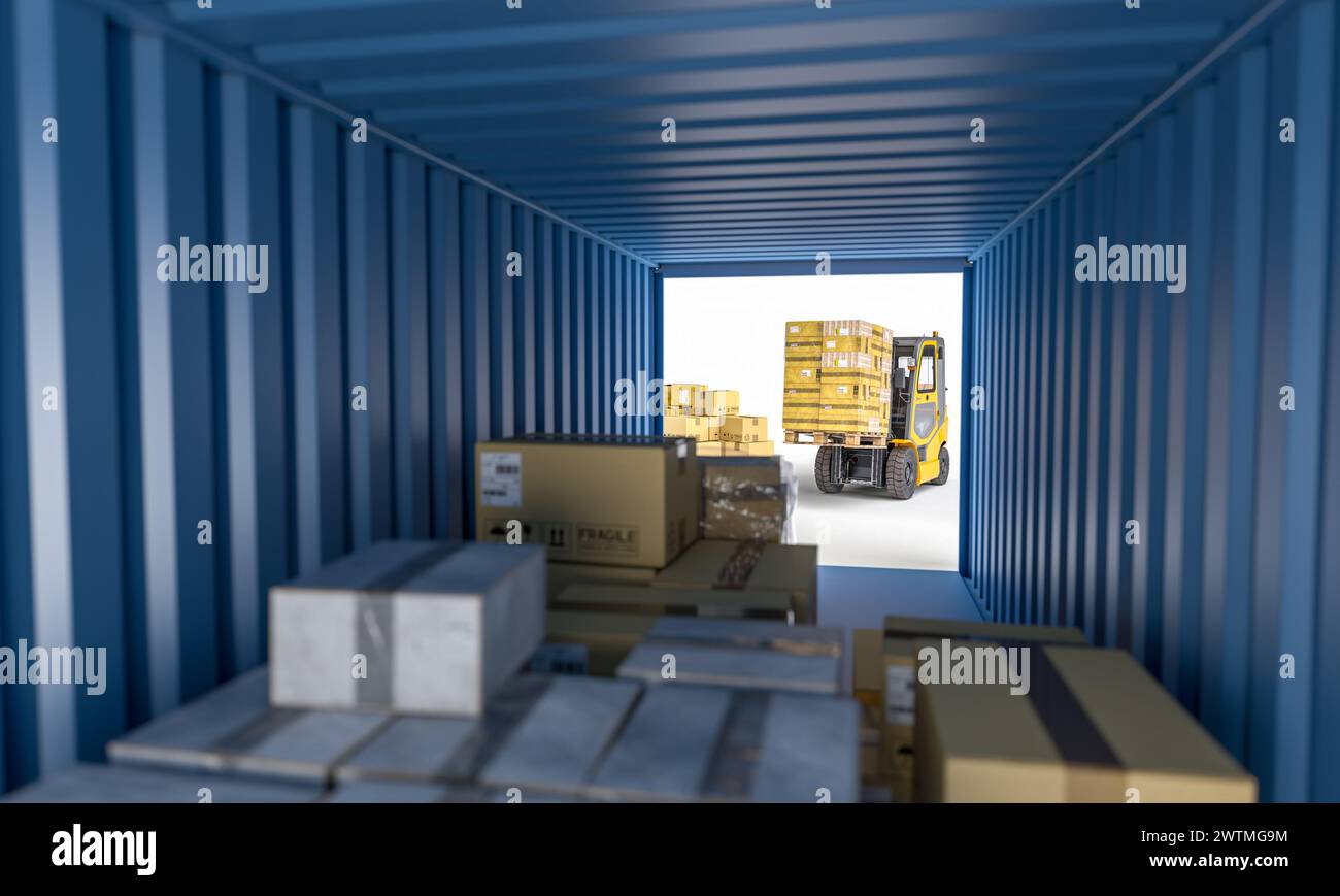 Inside of blue cargo container showcasing boxes and forklift in ...