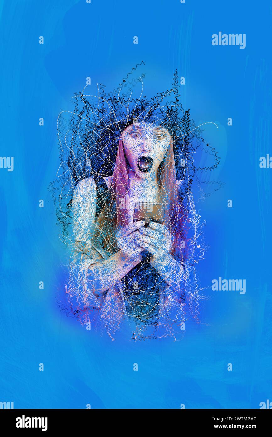 Vertical creative photo collage young girl painted picture amazed ...