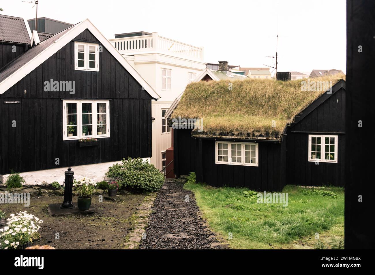 Nice street of Torshvan in Faroe Islands with black houses and grass on ...