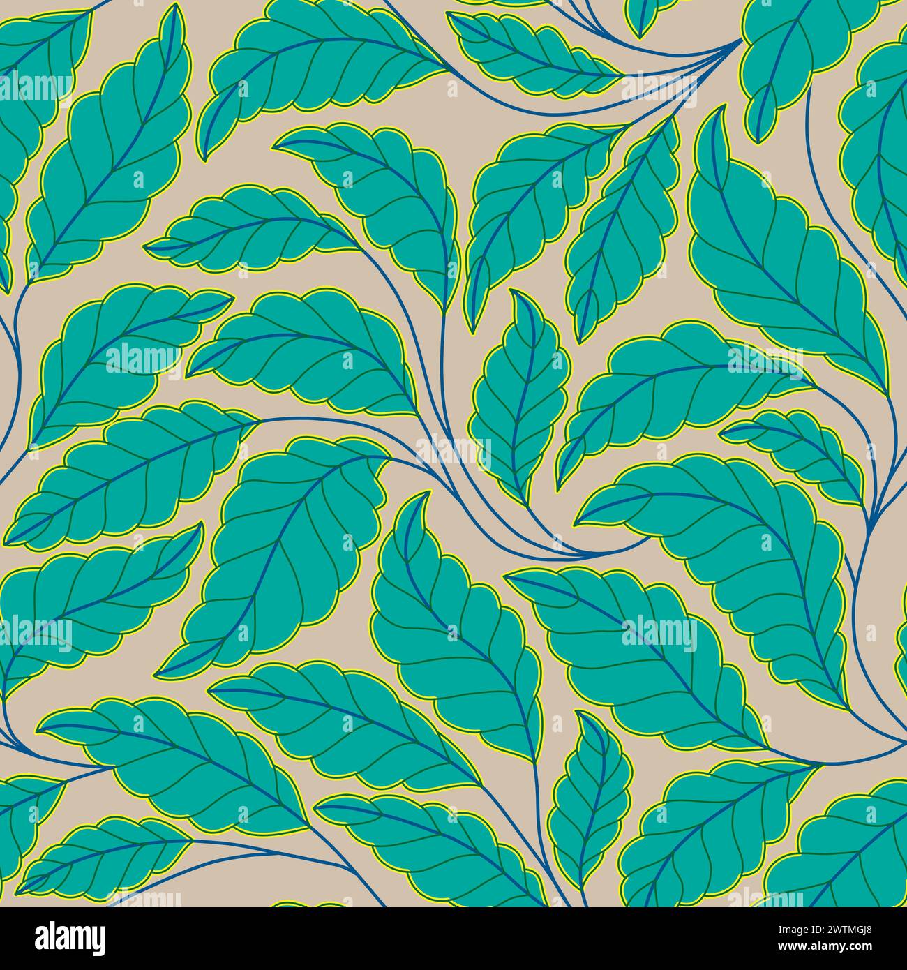 Curved lines Branches Leaves beige and green. Seamless pattern with ...