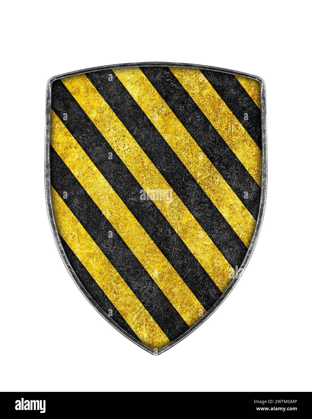 Old metal black and yellow striped shield isolated on white background ...