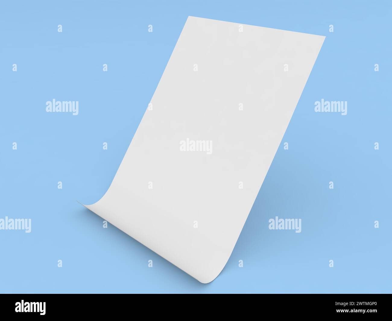 A white sheet of paper with a curved edge in A4 size on a blue ...