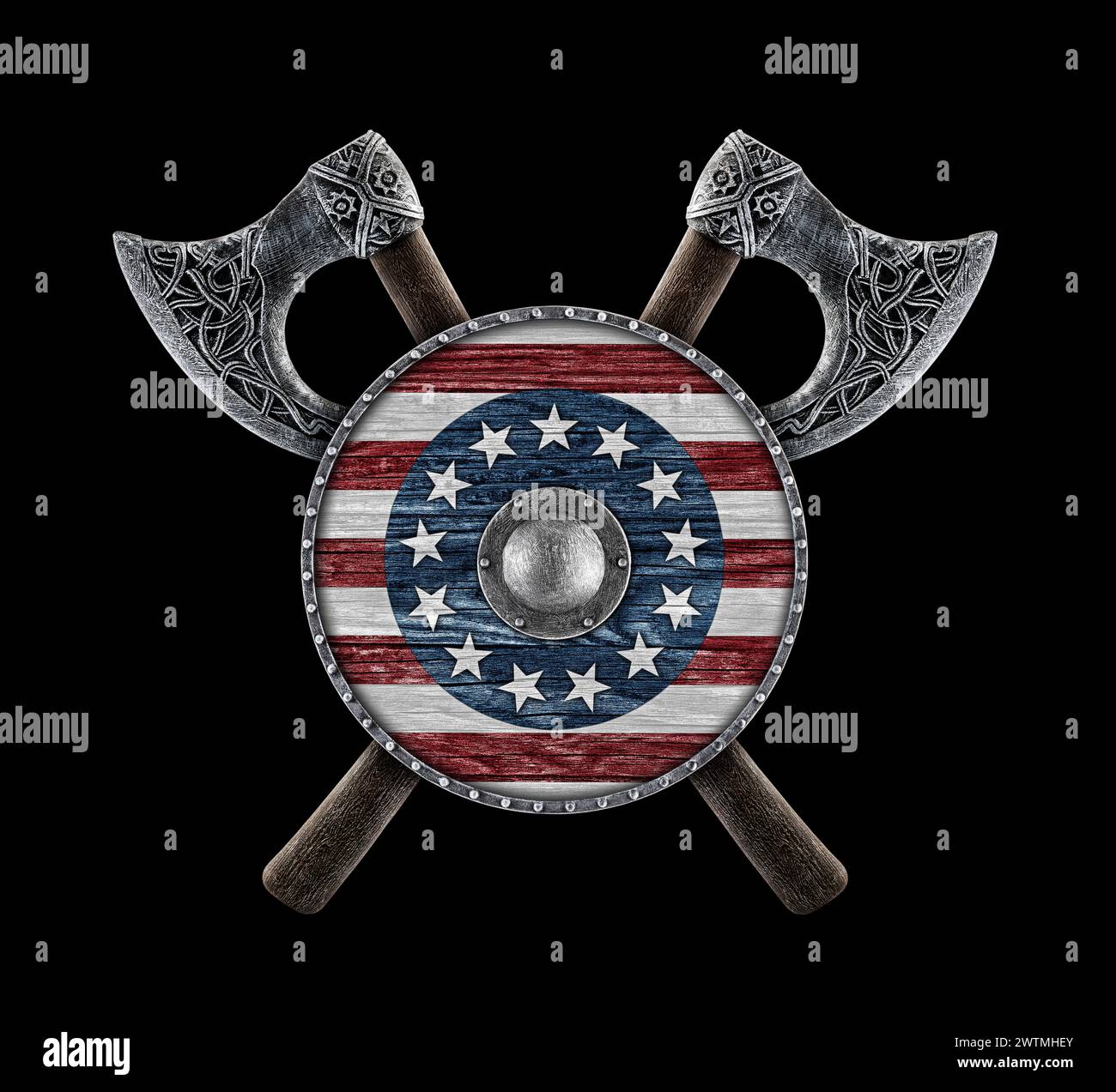 Round American shield and two crossed axes isolated on black background ...
