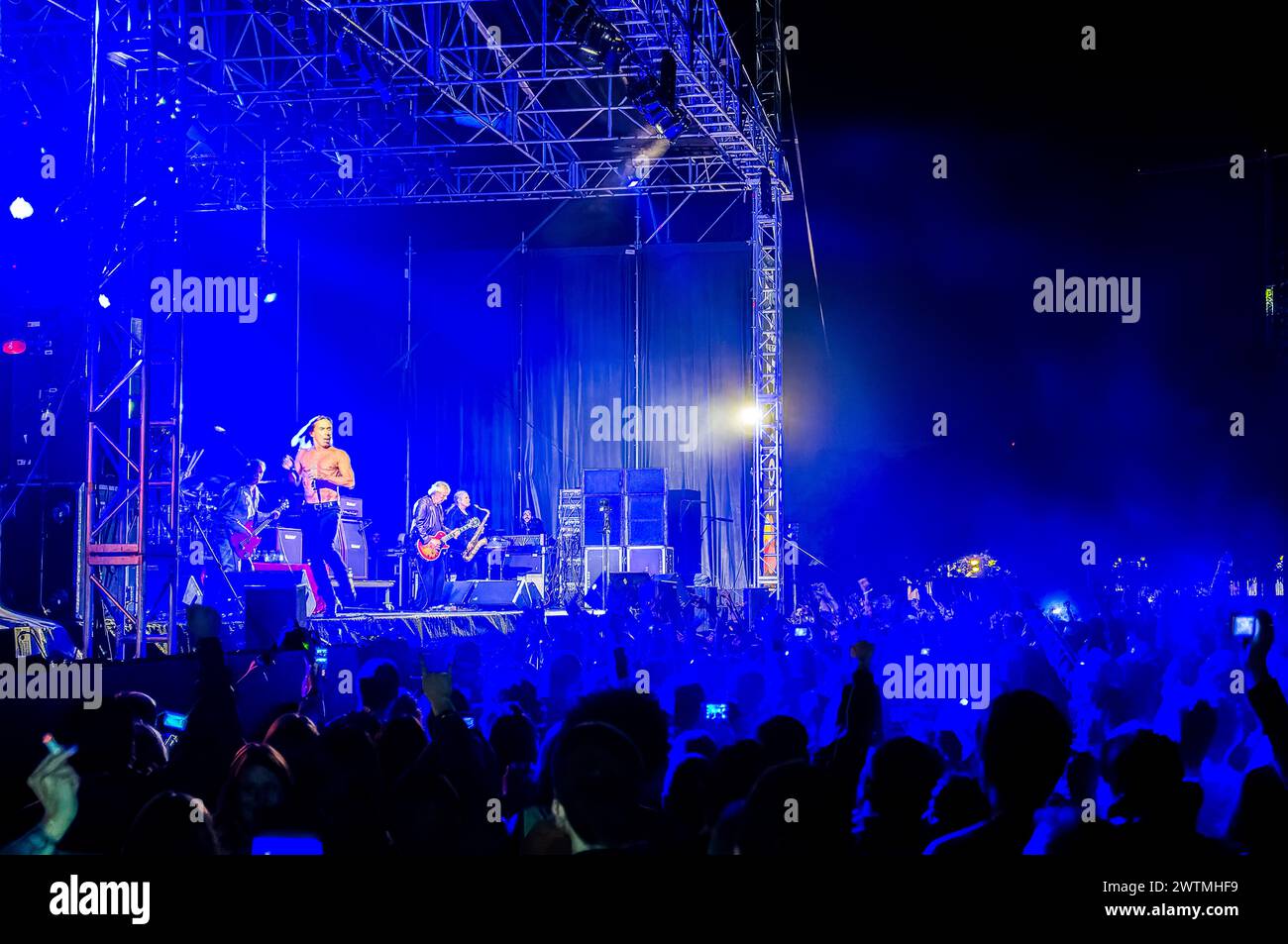 Iggy Pop on stage with band during a nighttime concert in Sevilla Stock ...